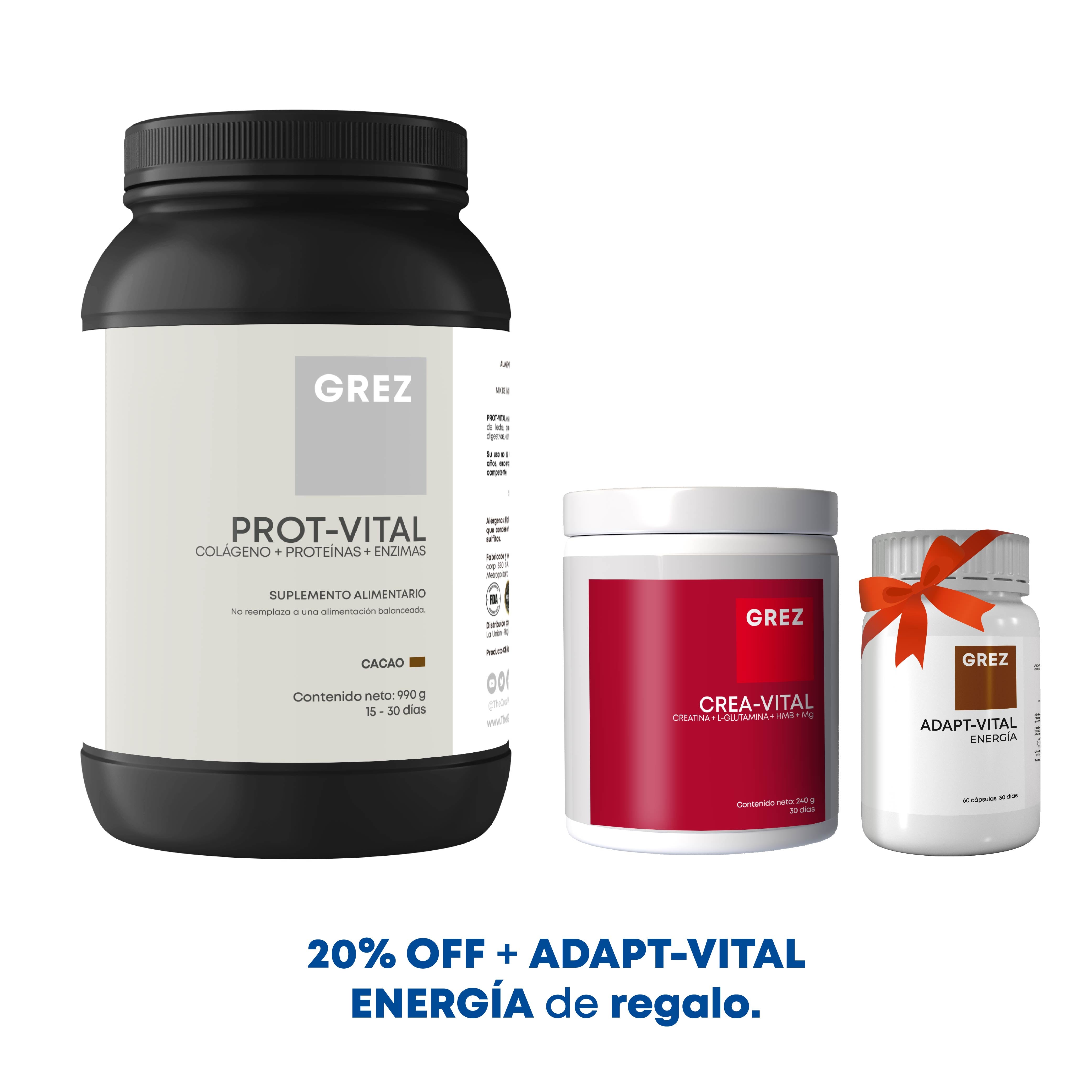 Pack Muscular 20%OFF - PROT-VITAL CACAO + CREA-VITAL + ADAPT-VITAL-ENE – THE GREZ WAY CL